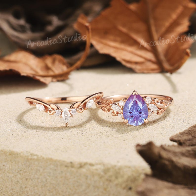 Star Fireworks Cut Alexandrite Engagement Ring Set Gold Pear Brite ...