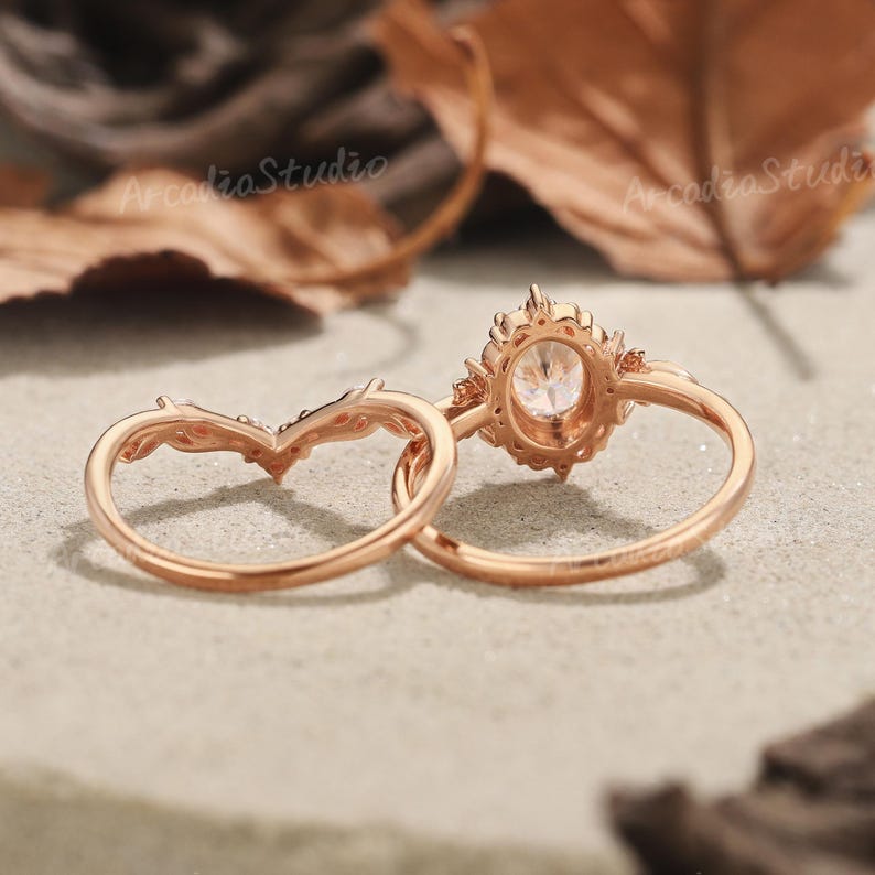 Unique Moissanite Engagement Ring Set Rose Gold Moissanite Wedding Ring ...
