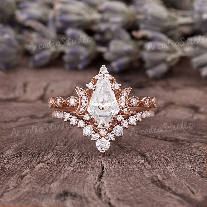 Unique Coffin Cut Moissanite Engagement Ring Set Rose Gold - Etsy