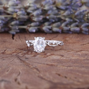 Dainty Oval Moissanite Engagement Ring Nature Inspired Ring Leaf Floral ...