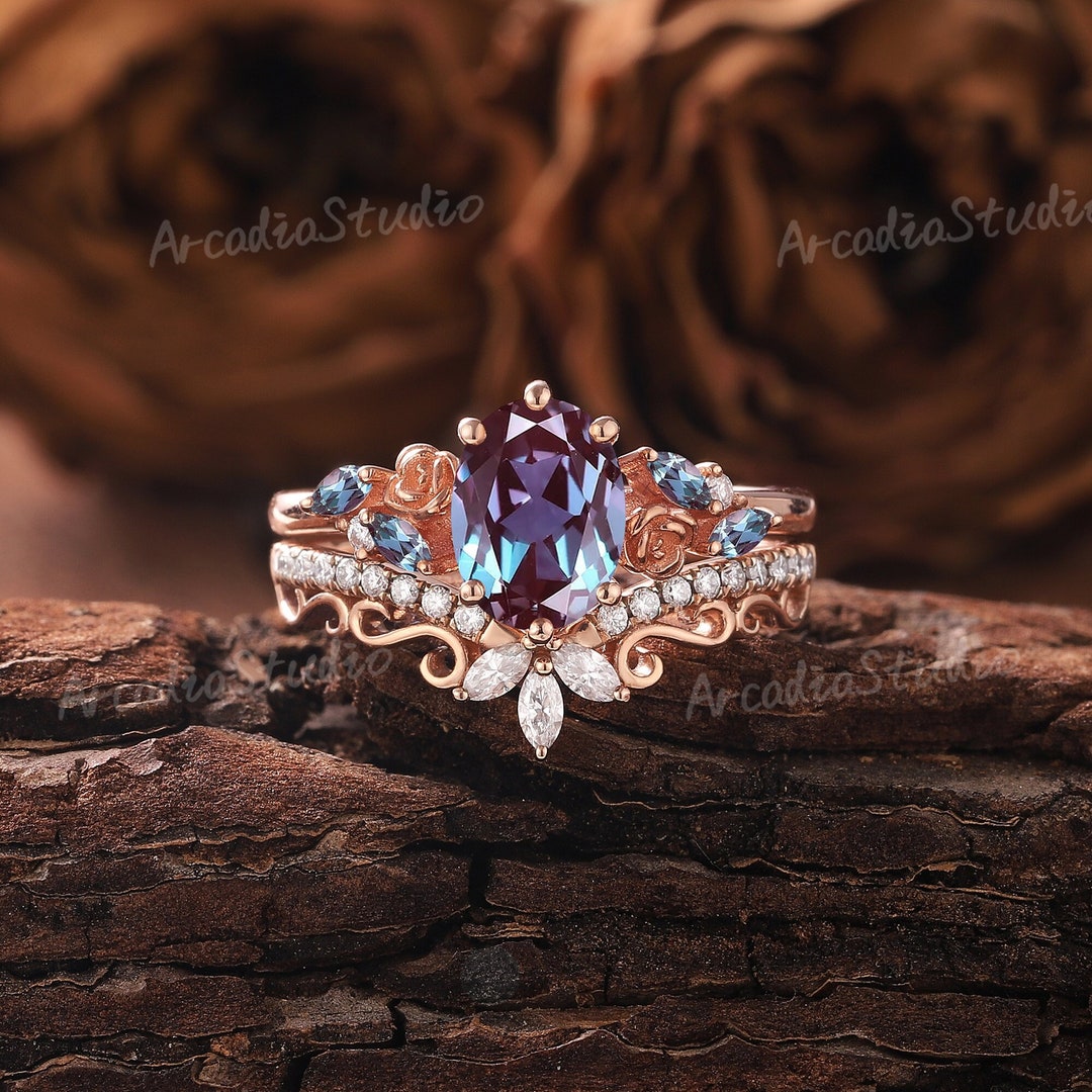 Unique Alexandrite Engagement Ring Set Rose Glod Ring Set Floral Ring ...