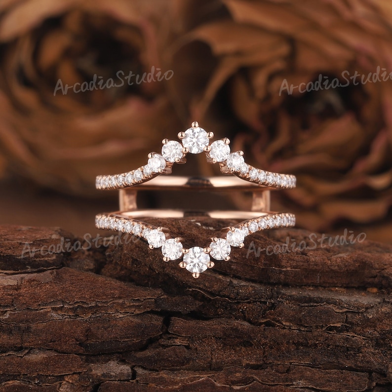 Vintage Moissanite Curved Wedding Band Rose Gold Diamond Enhancers and ...
