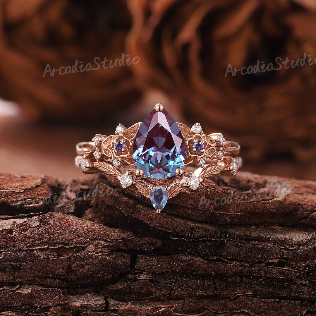 Unique Alexandrite Engagement Ring Set Rose Gold Ring Natural Inspired ...