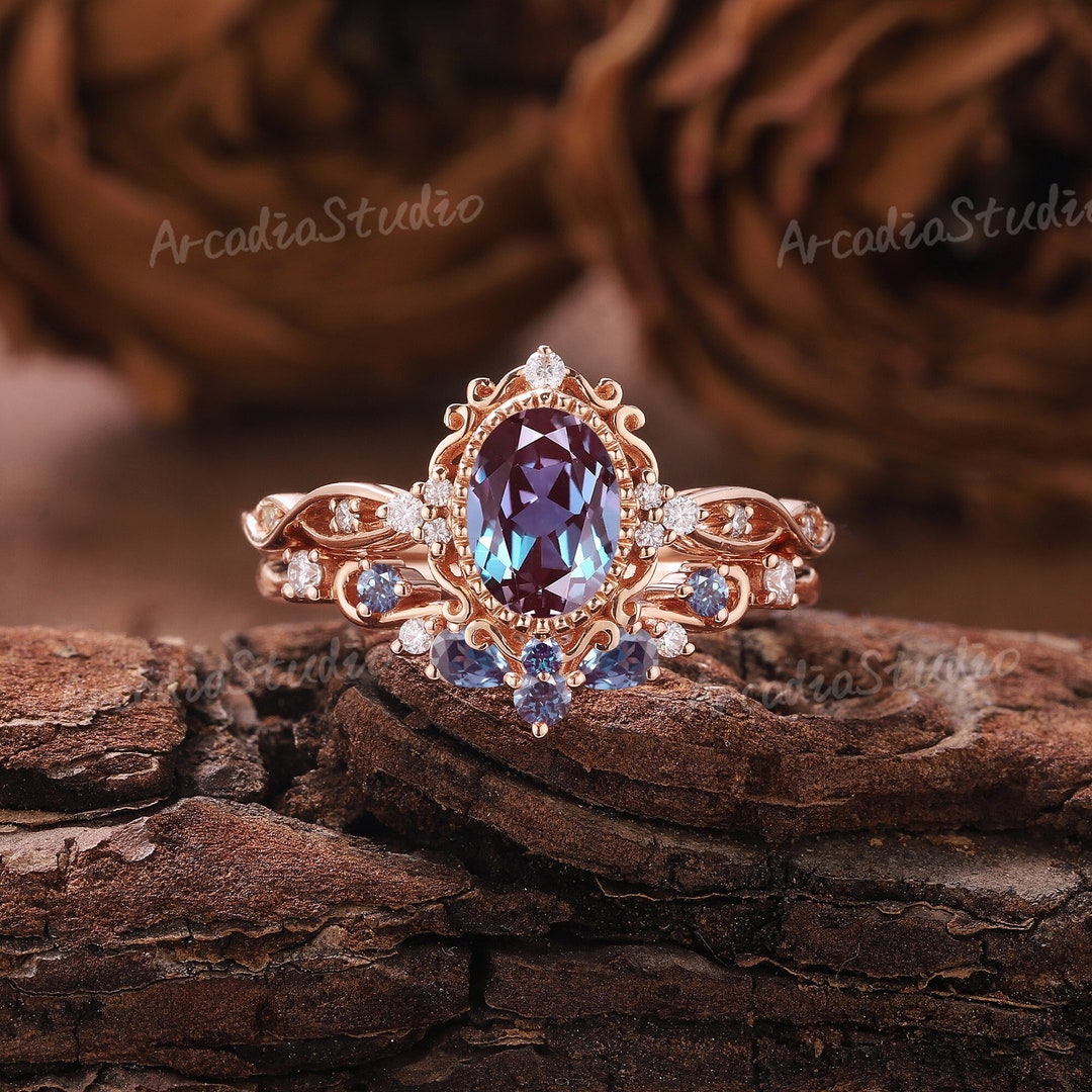 Unique Alexandrite Engagement Ring Set Vintage Rings Rose Gold Ring ...