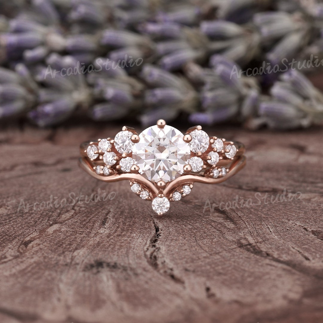 Unique Moissanite Engagement Ring Set Round Shaped Moissanite Rose Gold ...