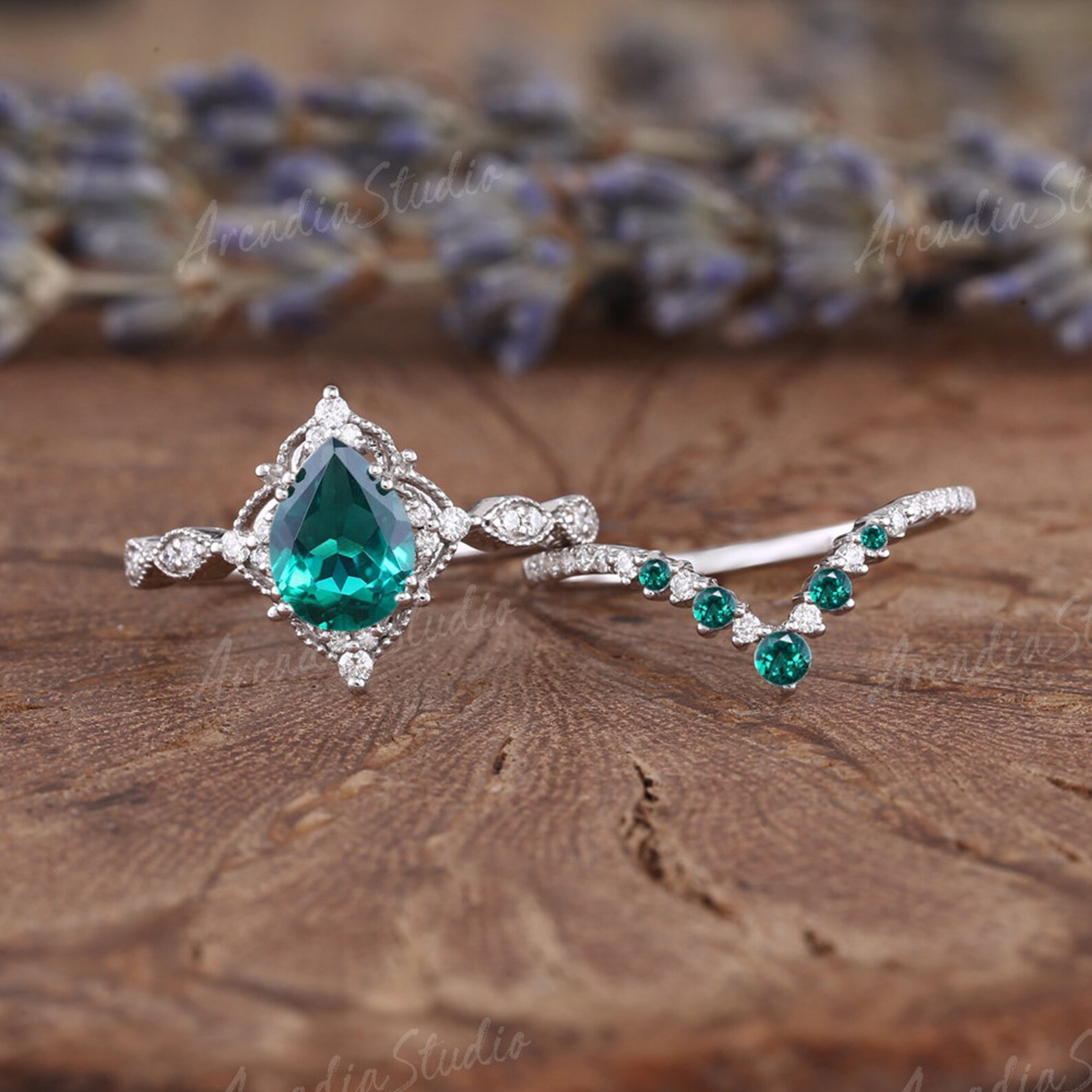 Pear Cut Emerald Engagement Ring Set Vintage White Gold Green Emerald ...