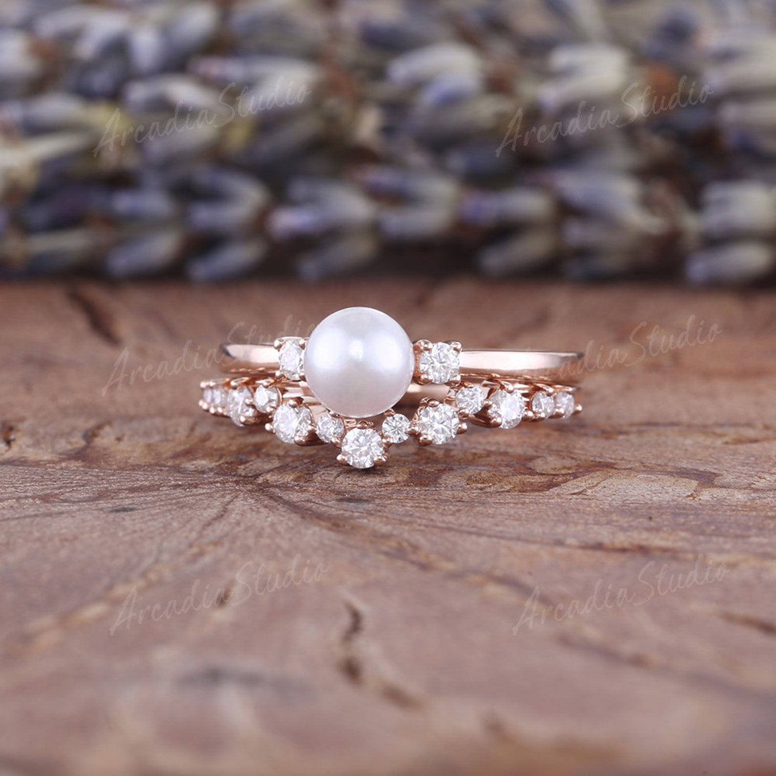 Vintage Pearl Engagement Ring Set Rose Gold Unique Pearl Wedding Ring ...