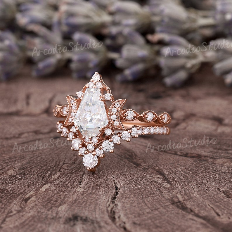Unique Coffin Cut Moissanite Engagement Ring Set Rose Gold - Etsy
