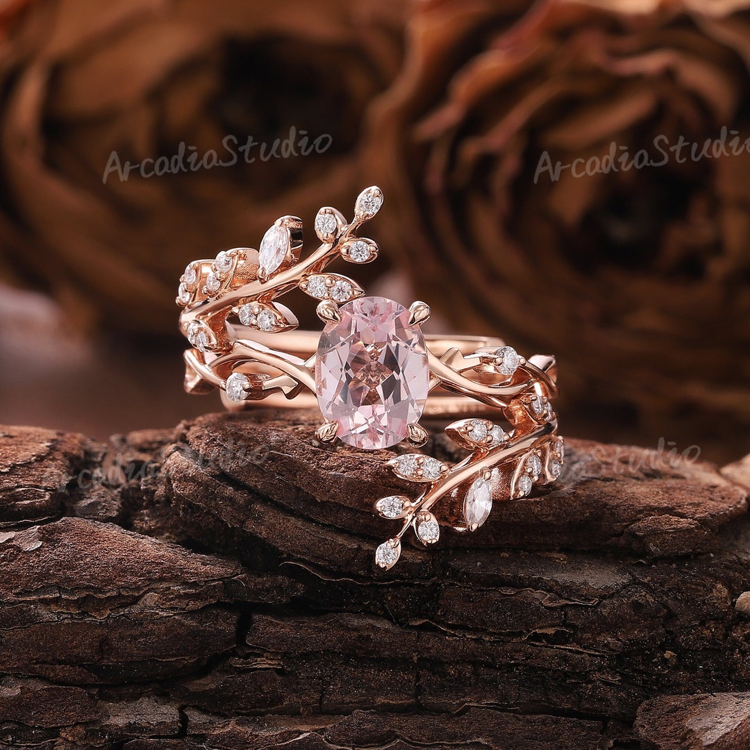 Vintage Oval Morganite Engagement Ring Set Unique Rose Gold Moissanite ...