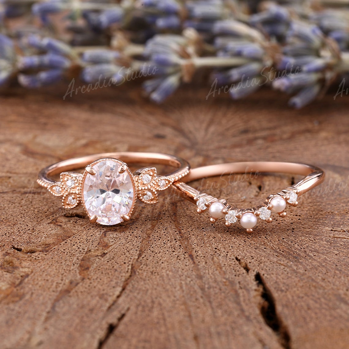 Vintage Moissanite Engagement Ring Set Rose Gold Oval Cut Ring | Etsy