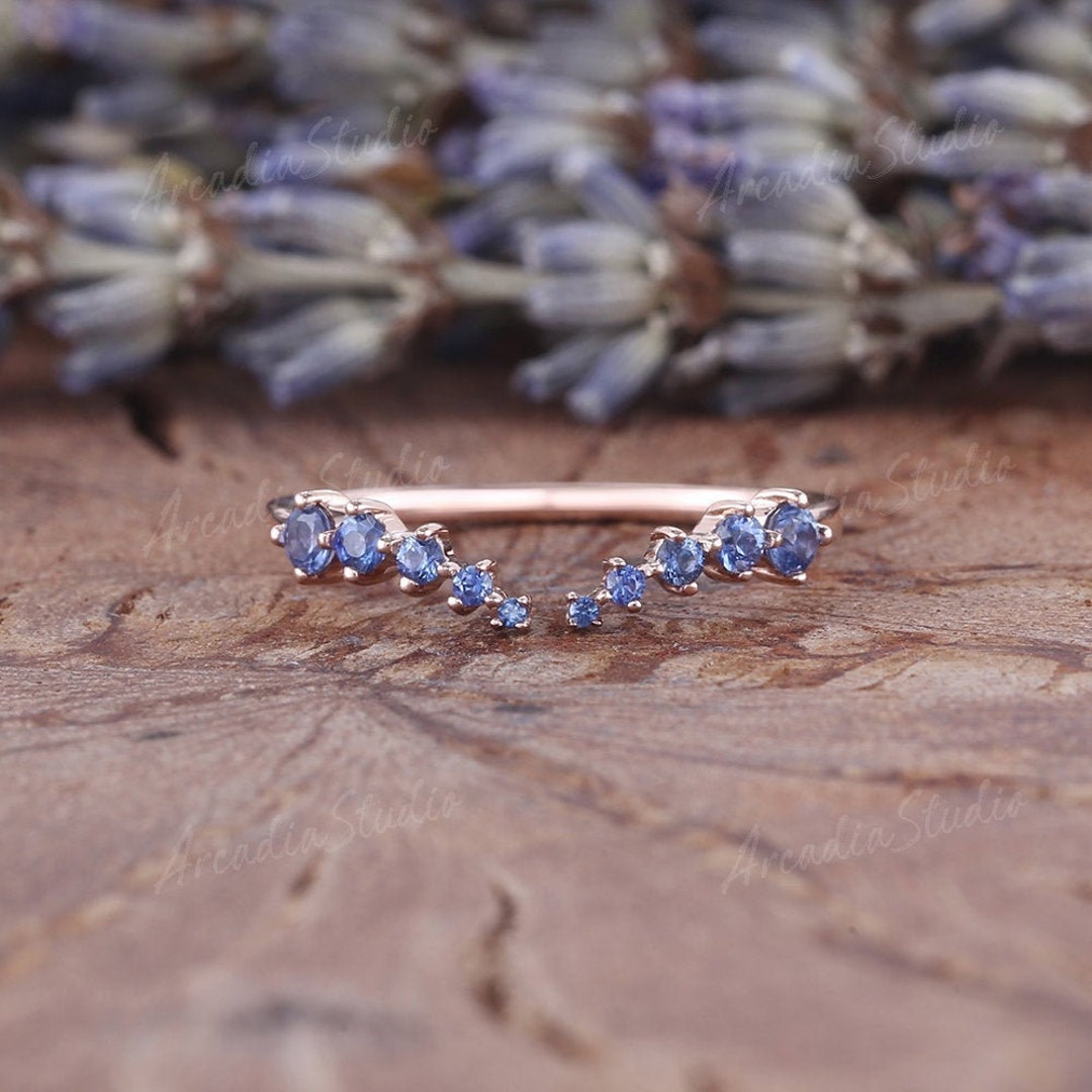 Blue Sapphire Wedding Band Unique Open Wedding Band Woman Curved ...