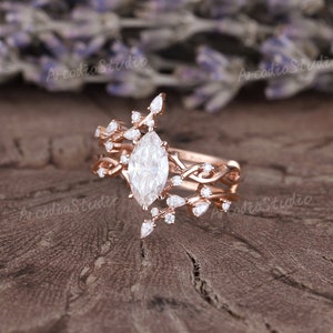 Vintage Moissanite Engagement Ring Set Marquise Cut Art Deco Leaf ...