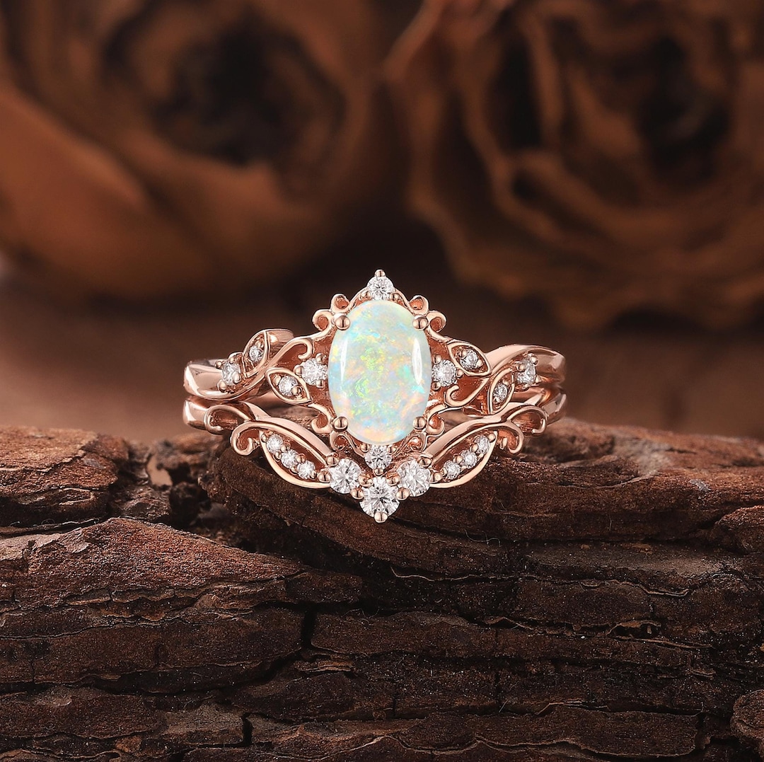 Oval Cut Natural Opal Firework Engagement Ring Set Vintage Moissanite ...