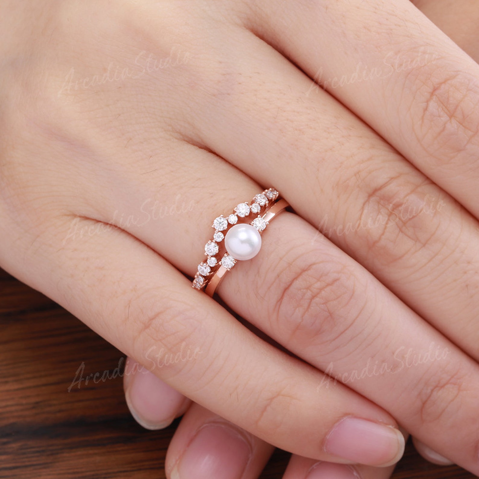 Vintage Pearl Engagement Ring Set Rose Gold Unique Pearl Wedding Ring ...