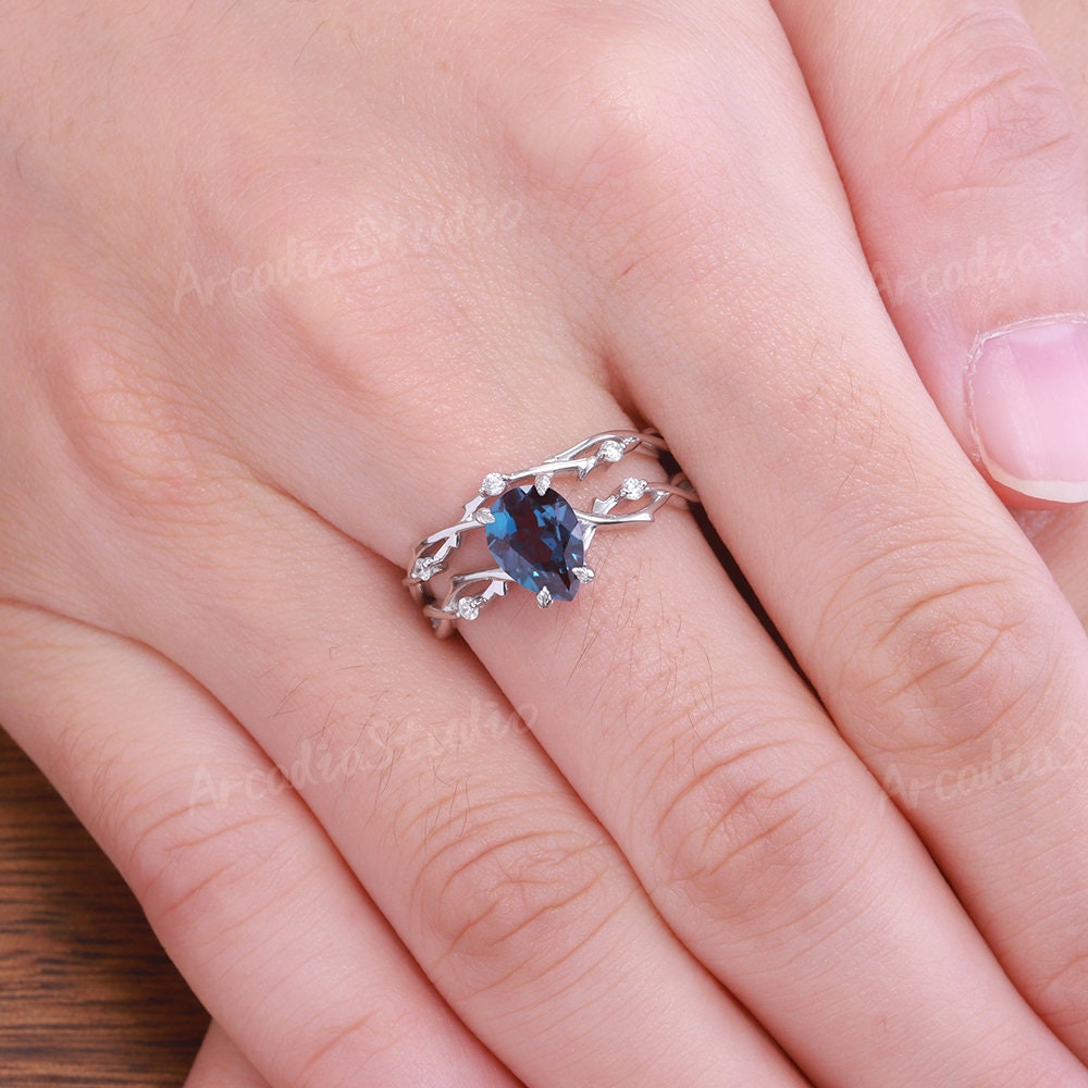 Unique Alexandrite Engagement Ring Set Pear Cut Twisted Bridal | Etsy