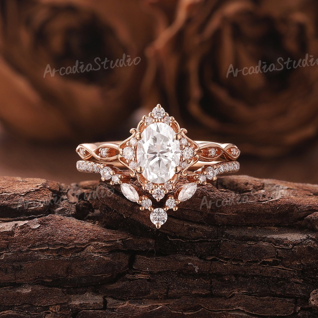 Vintage Oval Moissanite Engagement Ring Set Rose Gold Moissanite Ring ...