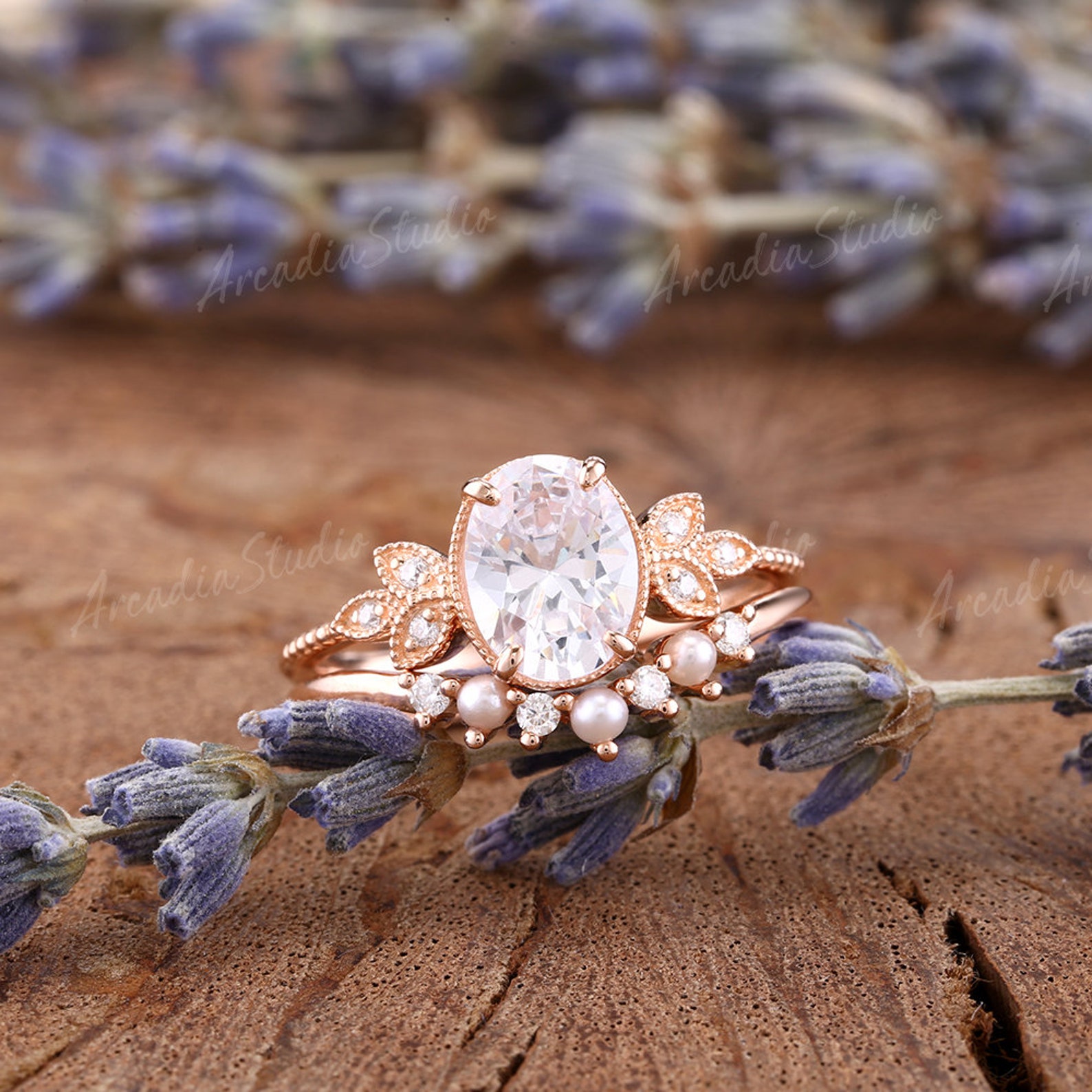 Vintage Moissanite Engagement Ring Set Rose Gold Oval Cut Ring | Etsy