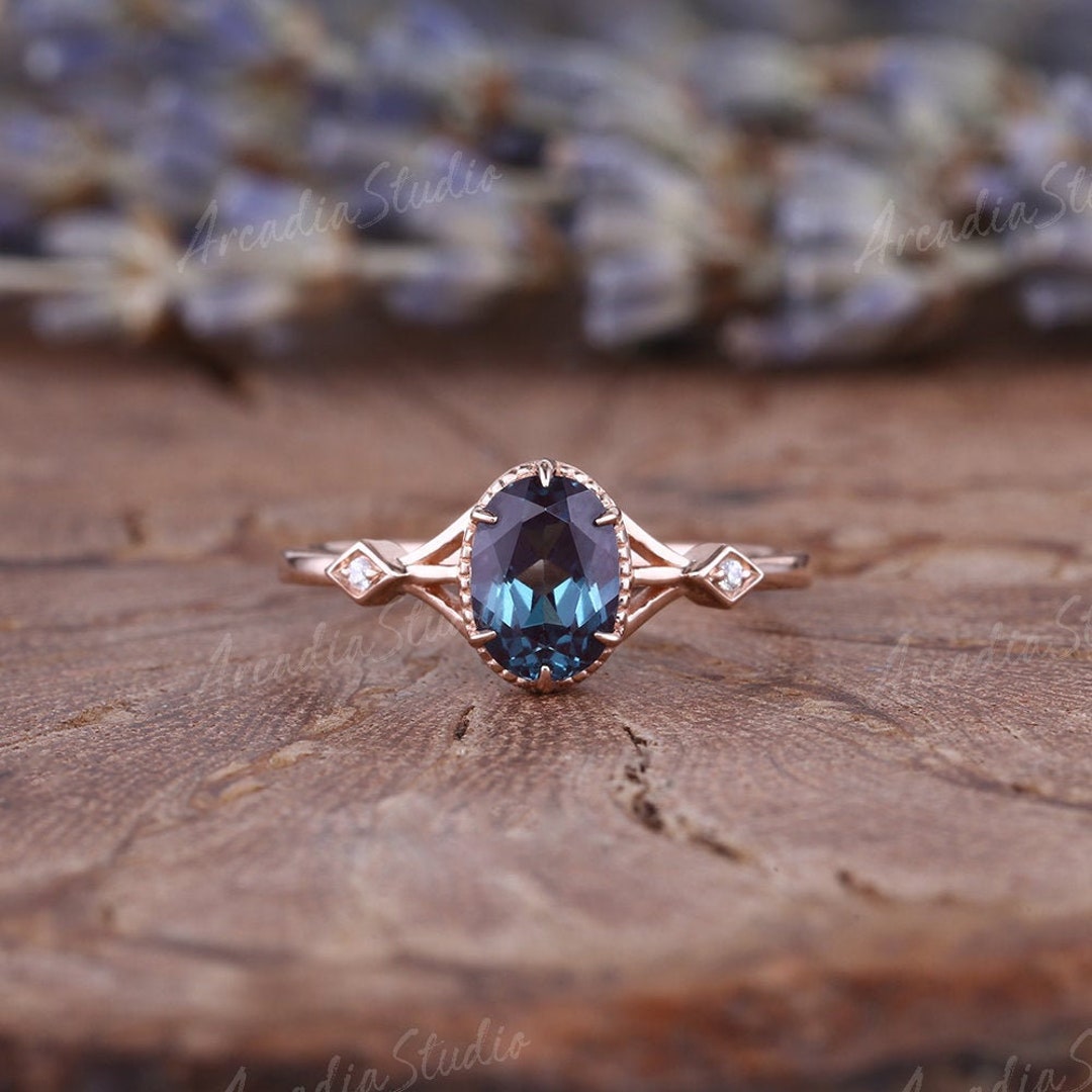 Vintage Alexandrite Engagement Ring Rose Gold Oval Cut Unique ...