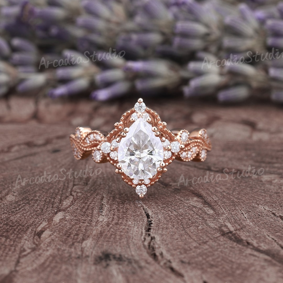 Unique Moissanite Wedding Ring Set Vintage Moissanite Milgrain ...