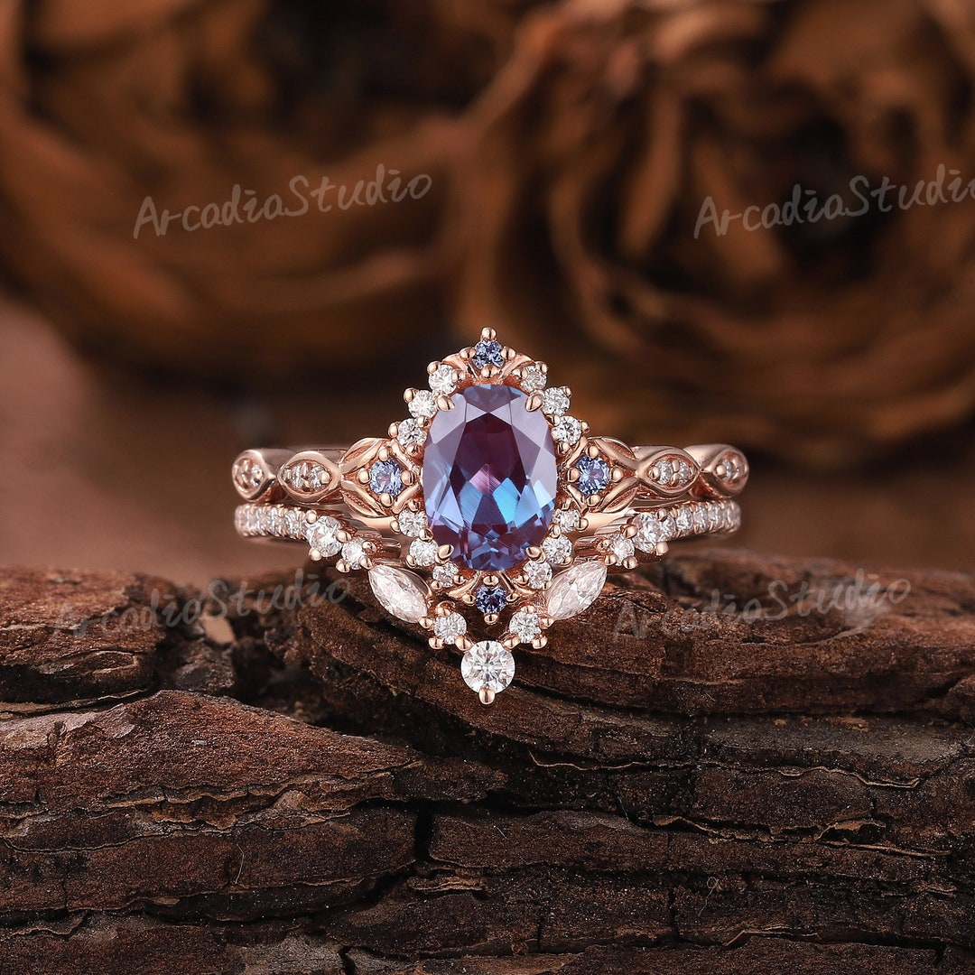 Unique Alexandrite Engagement Ring Set Natural Leaf Ring Bridal Set ...