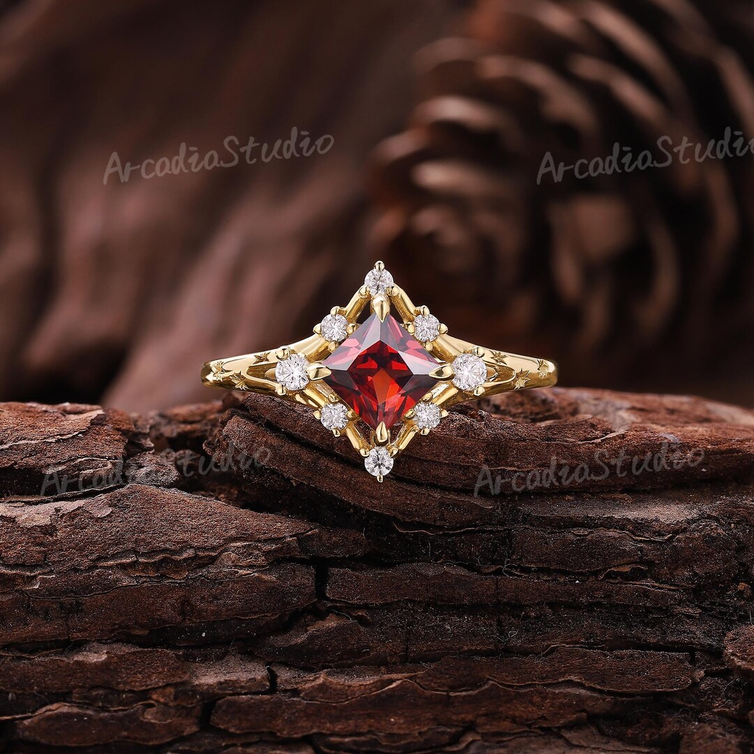 Princess Cut Ruby Engagement Ring Gold Rings Unqiue Moissanite Wedding ...