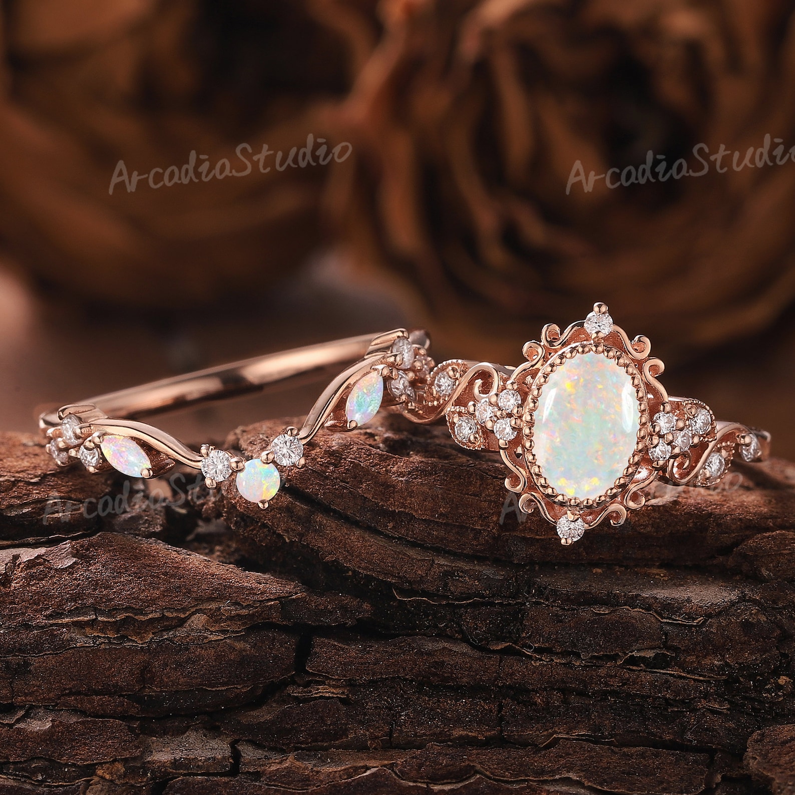 Vintage Opal Engagement Ring Set Rose Gold Opal Floral Ring Set Unique ...