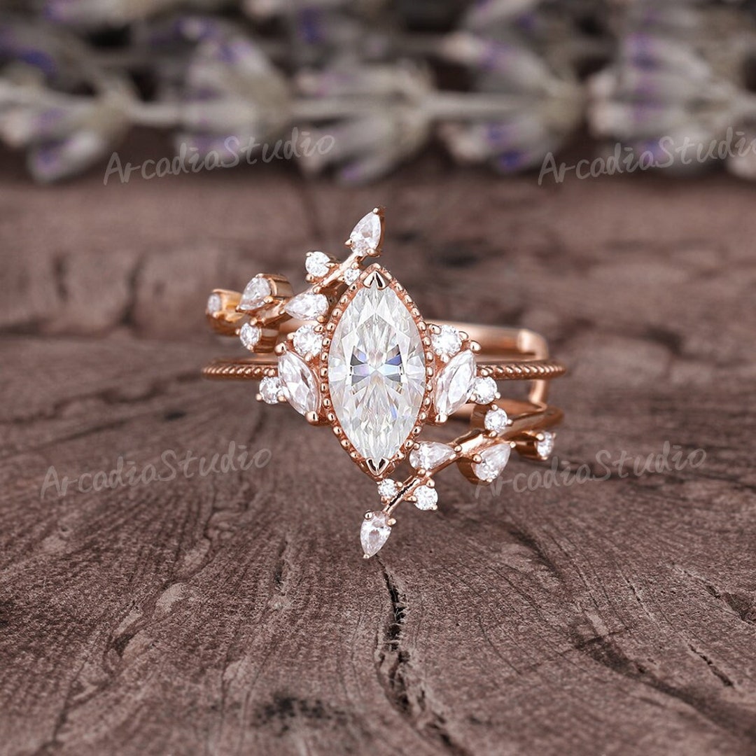 Unique Moissanite Engagement Ring Set Marquise Cut Wedding Bridal Set ...