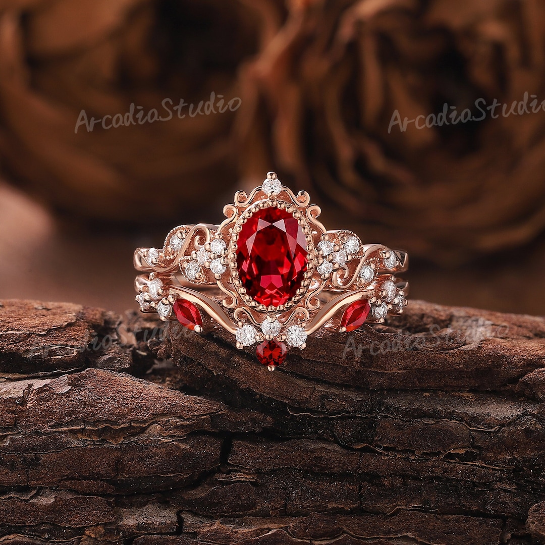 Unique Oval Cut Ruby Engagement Ring Set Solid Gold Floral Ringring Art ...