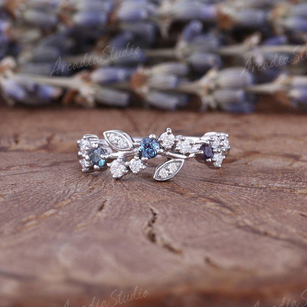 Vintage Alexandrite Engagement Ring Rose Gold Leaf Floral Moissanite ...