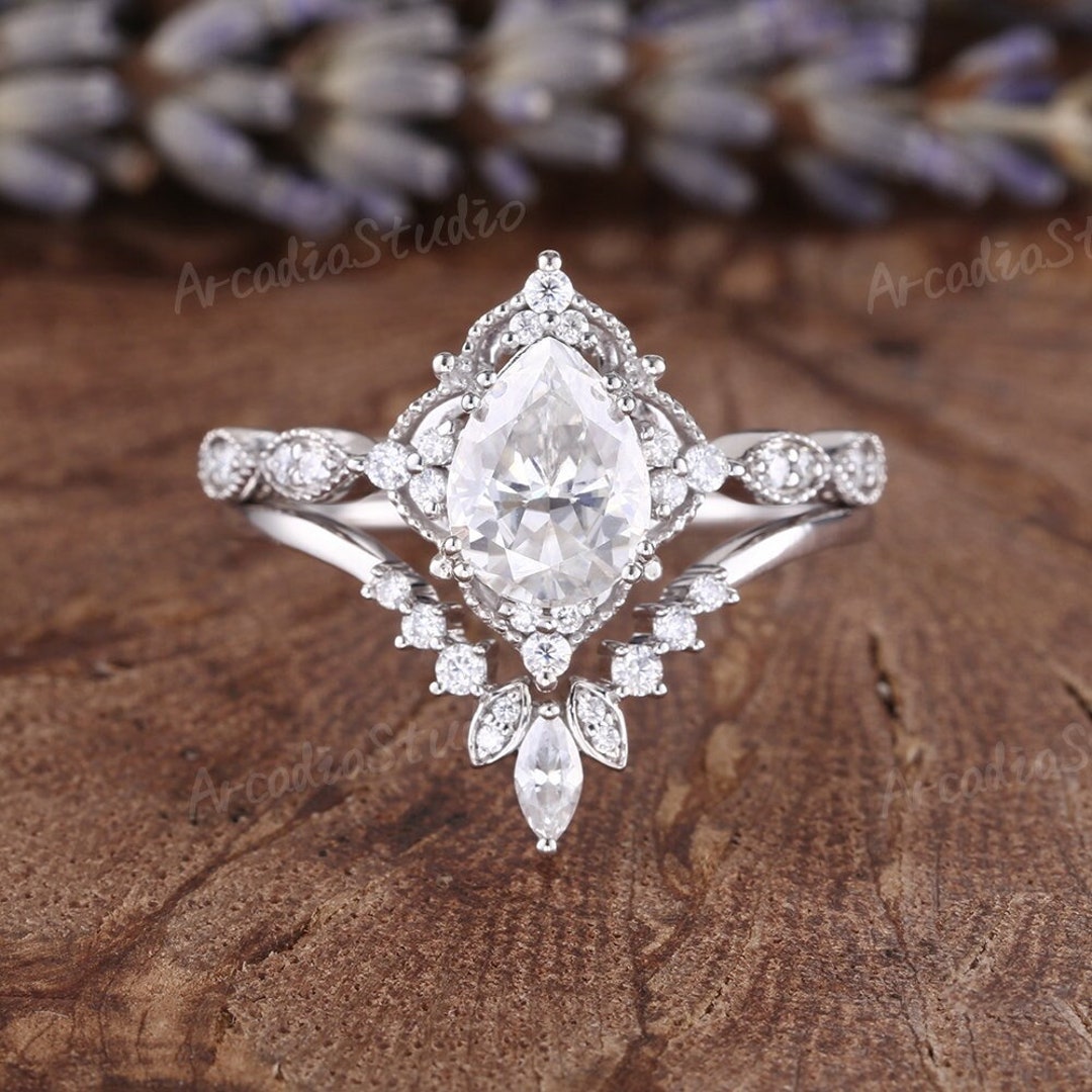 Vintage Moissanite Engagement Ring Set White Gold Moissanite Ring Set ...