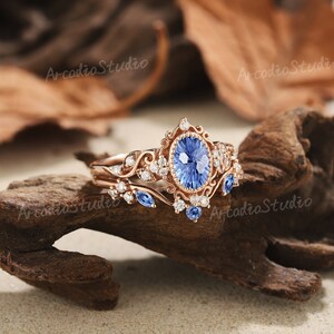 Oval Firework Cut Engagement Ring Set Rose Gold Floral Wedding Ring Set ...