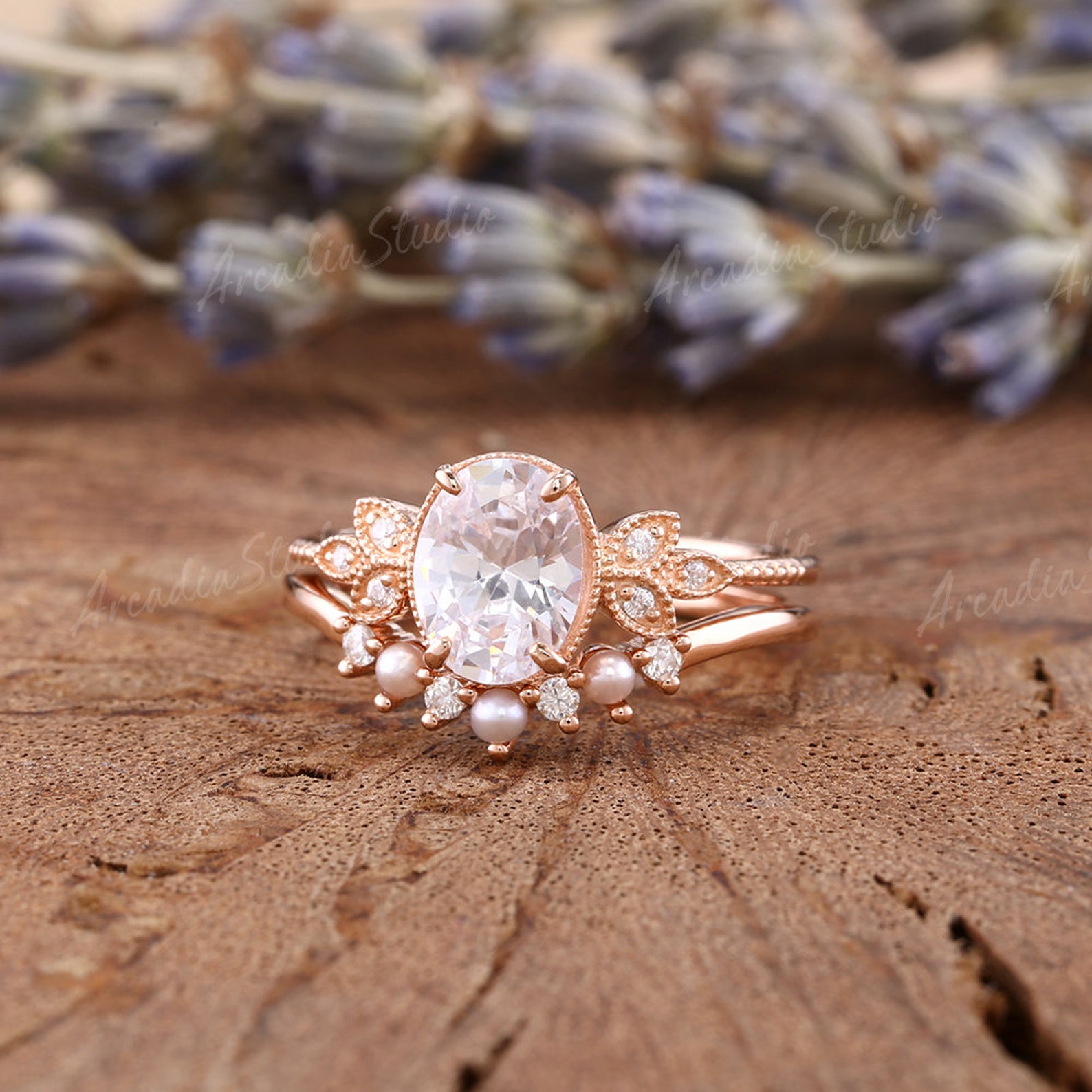 Vintage Moissanite Engagement Ring Set Rose Gold Oval Cut Ring | Etsy