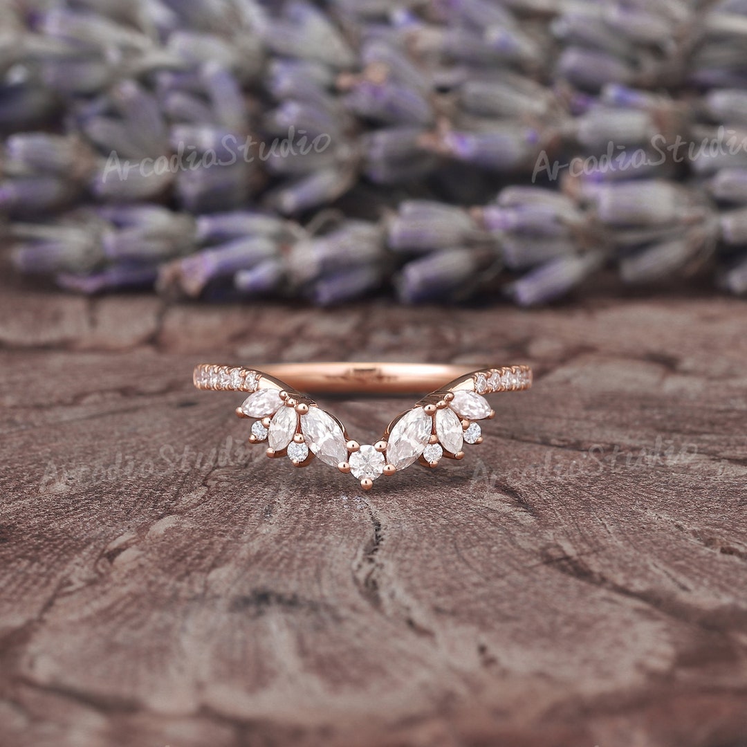 Unique Moissanite Wedding Band Curved Marquise Rose Gold Moissanite ...