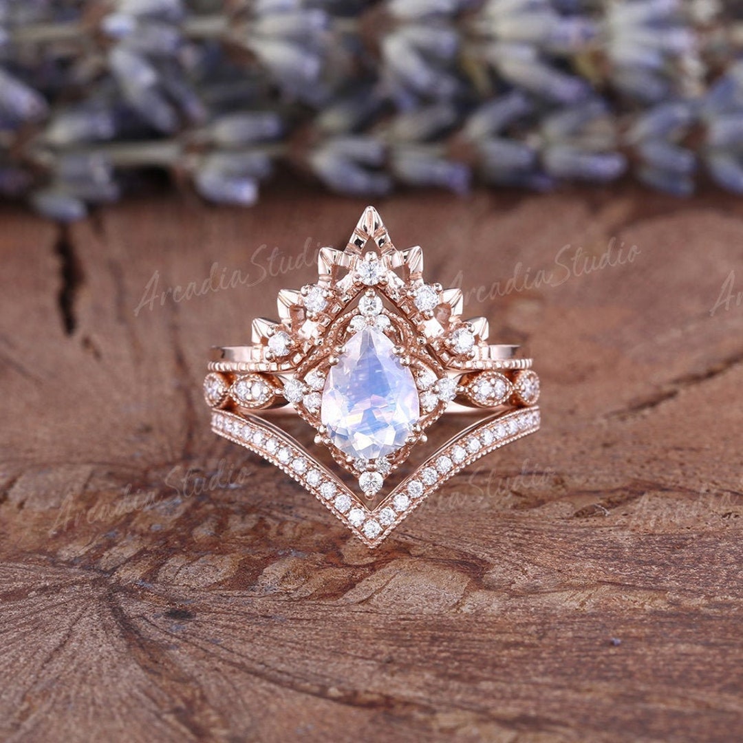 Pear Shaped Moonstone Engagement Ring Set Rose Gold Milgrain Cluster ...