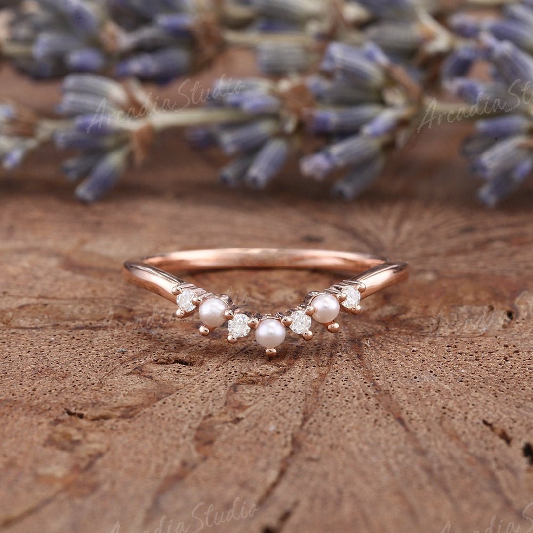 Vintage Akoya Pearl Wedding Band Round Shaped Rose Gold Pearl Stacking ...