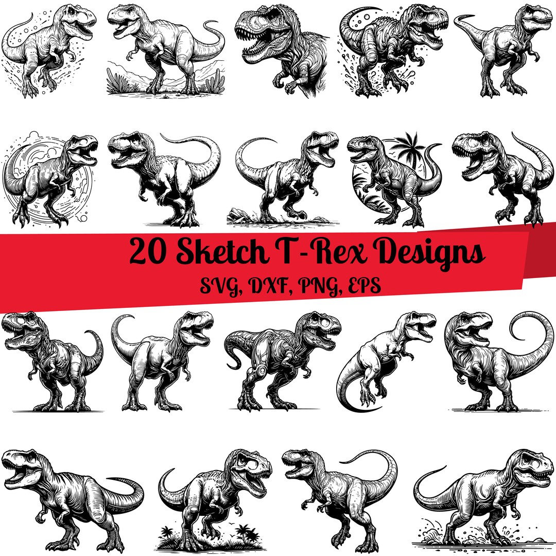 20 Sketch T-rex SVG Bundle, T-rex Line Art, T-rex Outline, T-rex ...