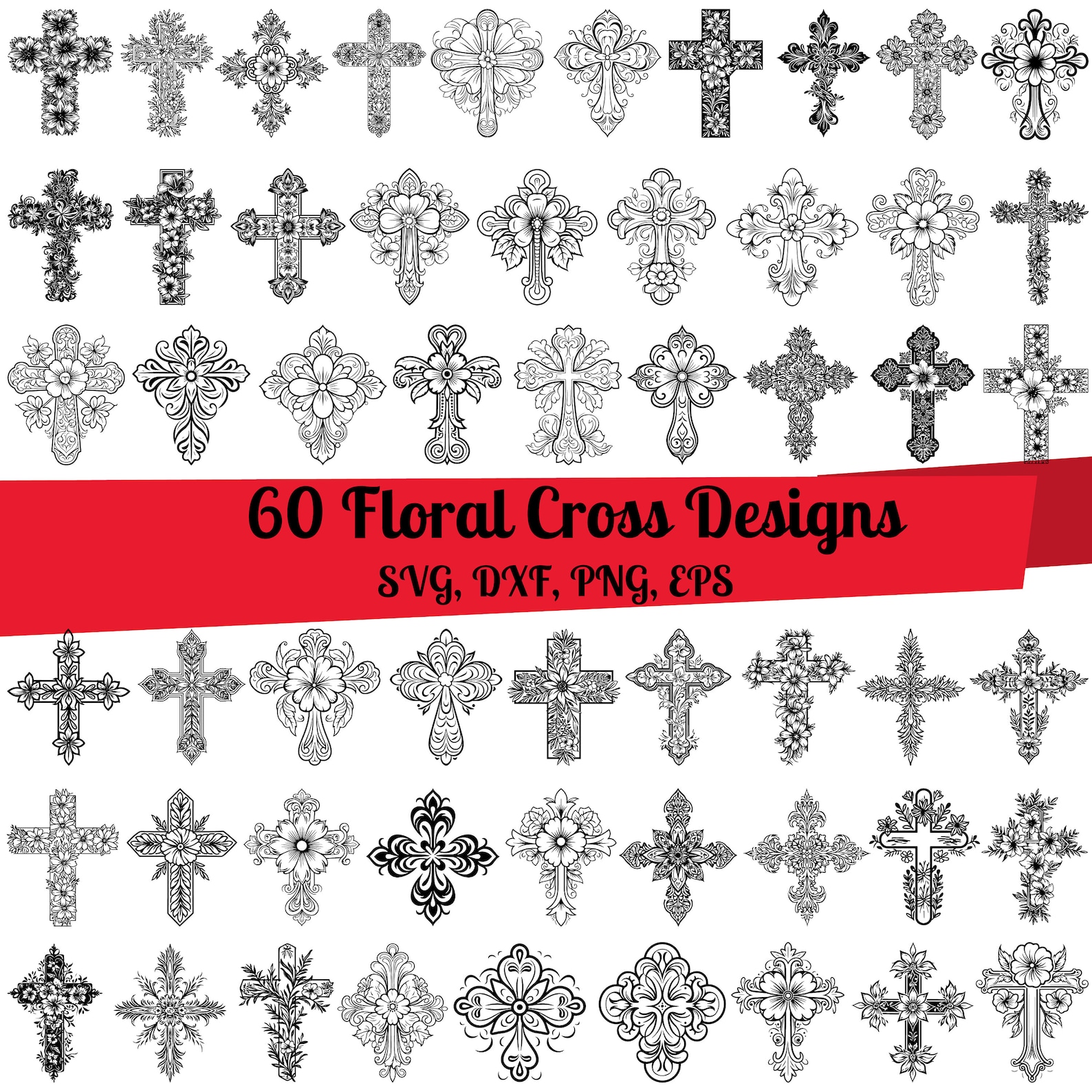 60 Floral Cross SVG Bundle, Floral Cross Dxf, Floral Cross Png, Floral ...