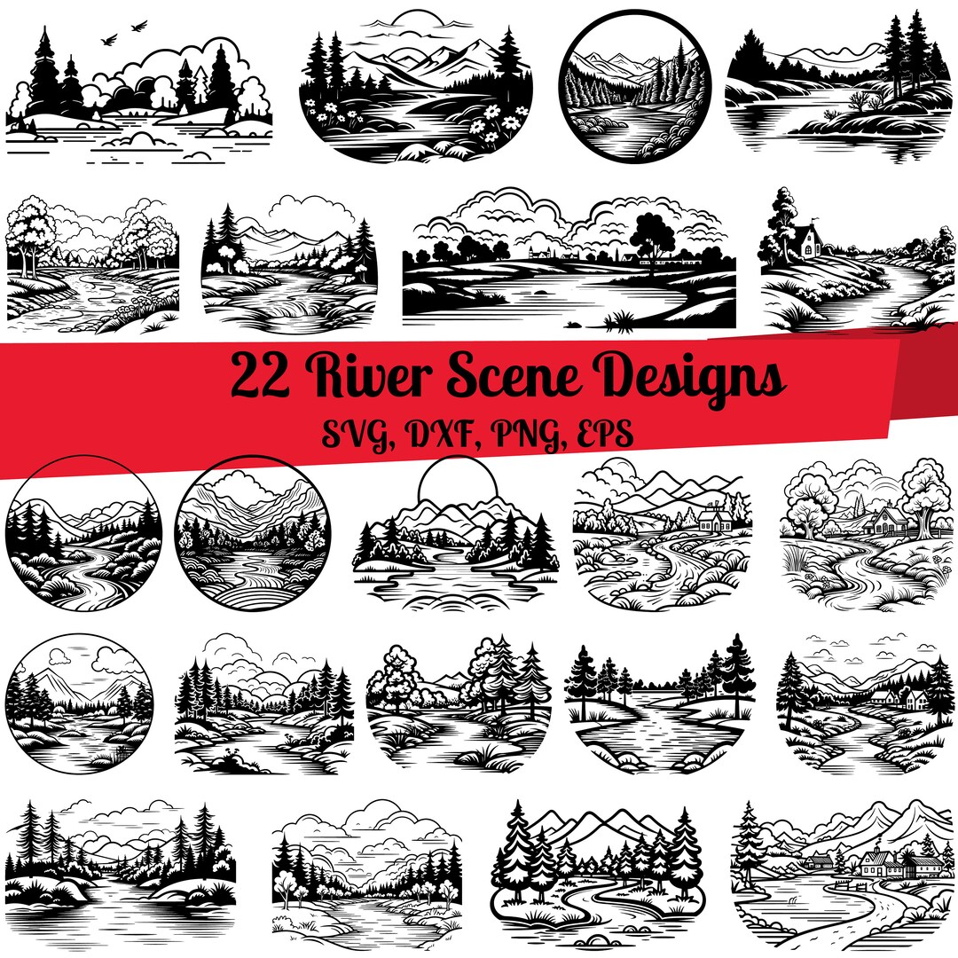 22 River Scene SVG Bundle, River Scene Dxf, River Landscape, River ...