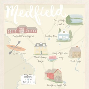 Medfield Massachusetts Illustrated Map Print | Housewarming Gift ...