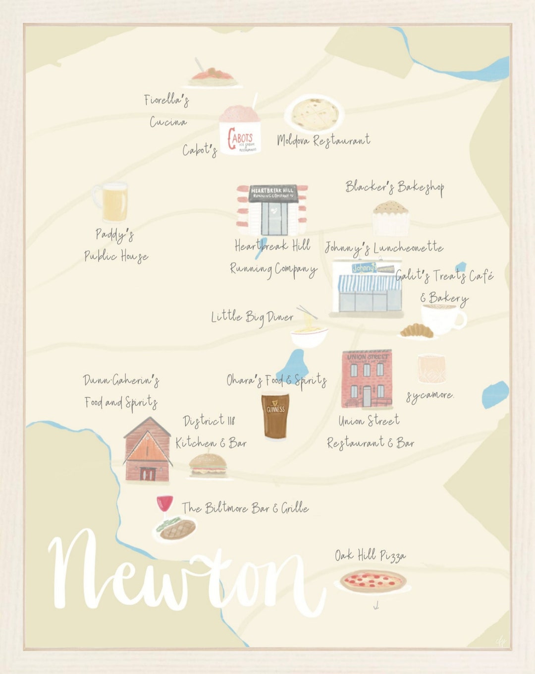 Newton Massachusetts Illustrated Map Print | Newton Wall Art | Newton ...