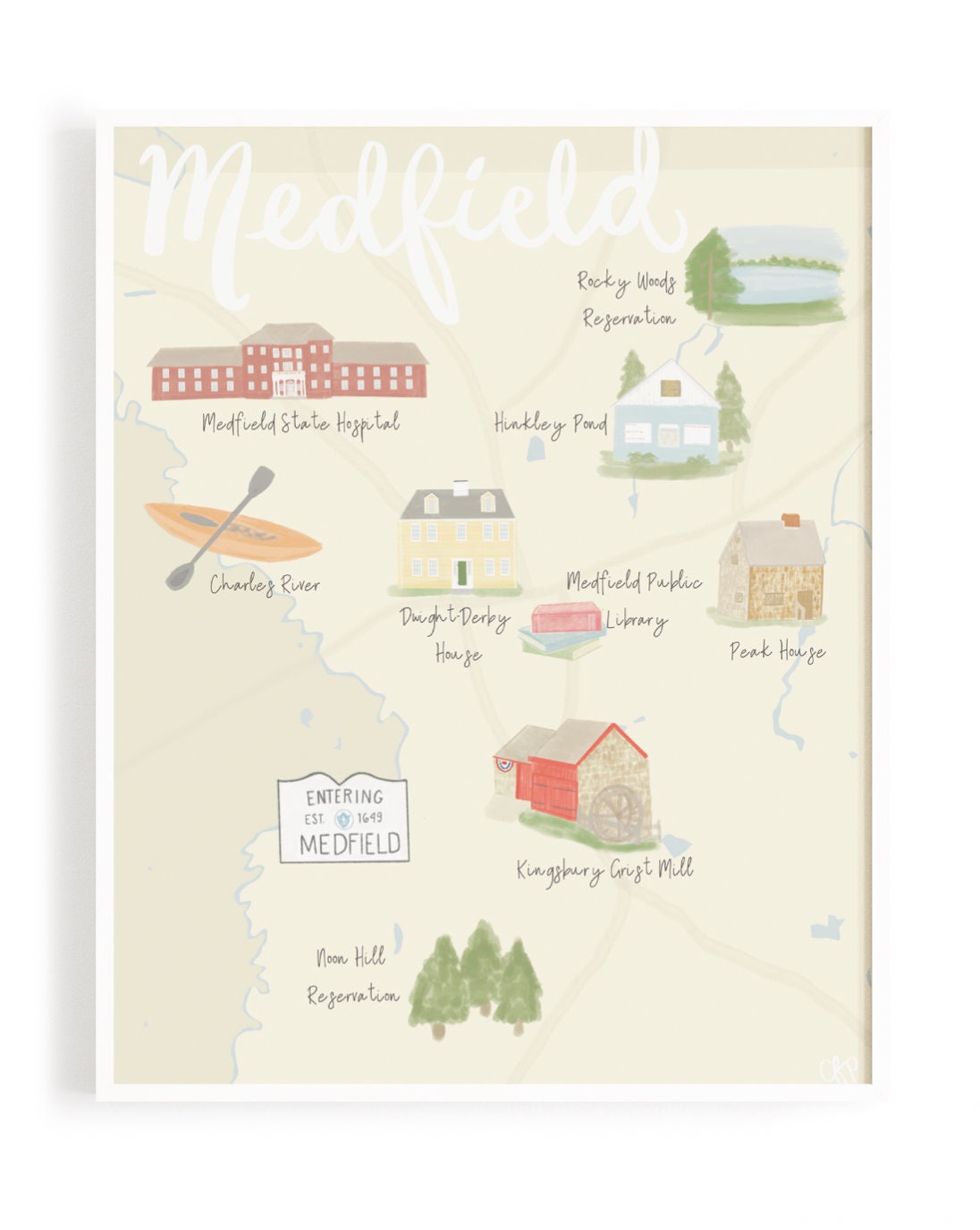 Medfield Massachusetts Illustrated Map Print | Housewarming Gift ...