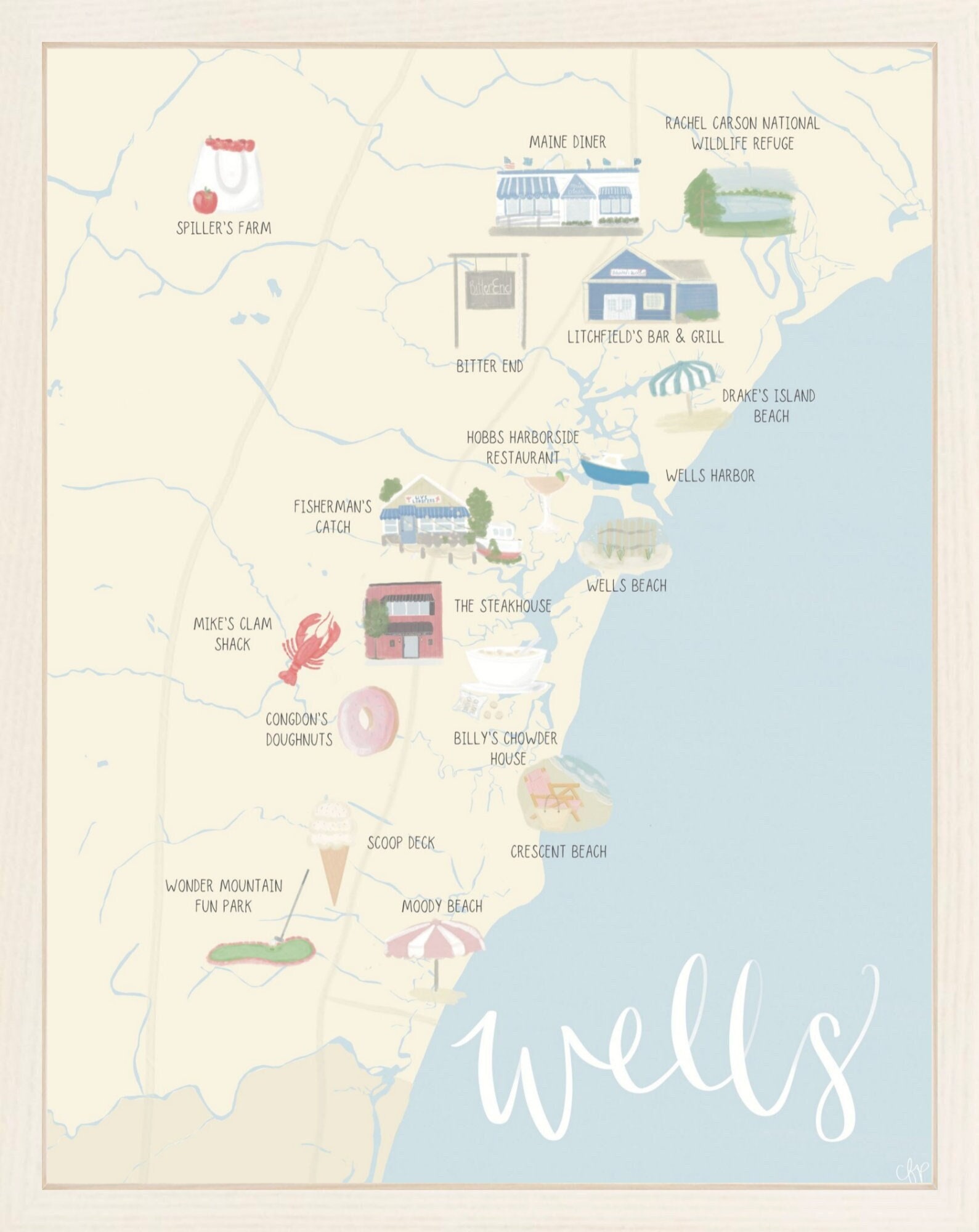 Wells Maine Illustrated Map Print | Maine Wall Art | Maine Map ...
