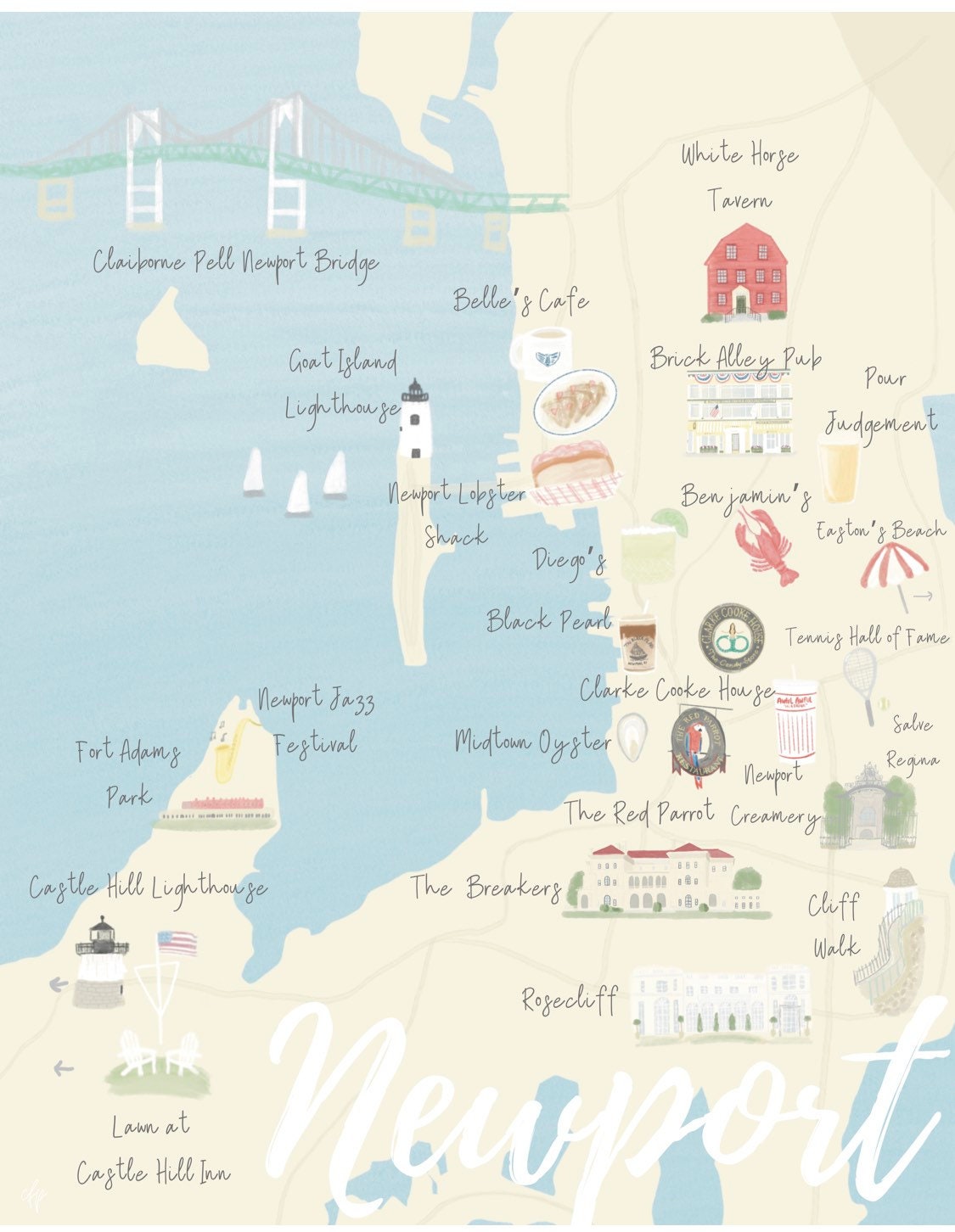 Newport Rhode Island Illustrated Map Print Newport Wall Art | Etsy