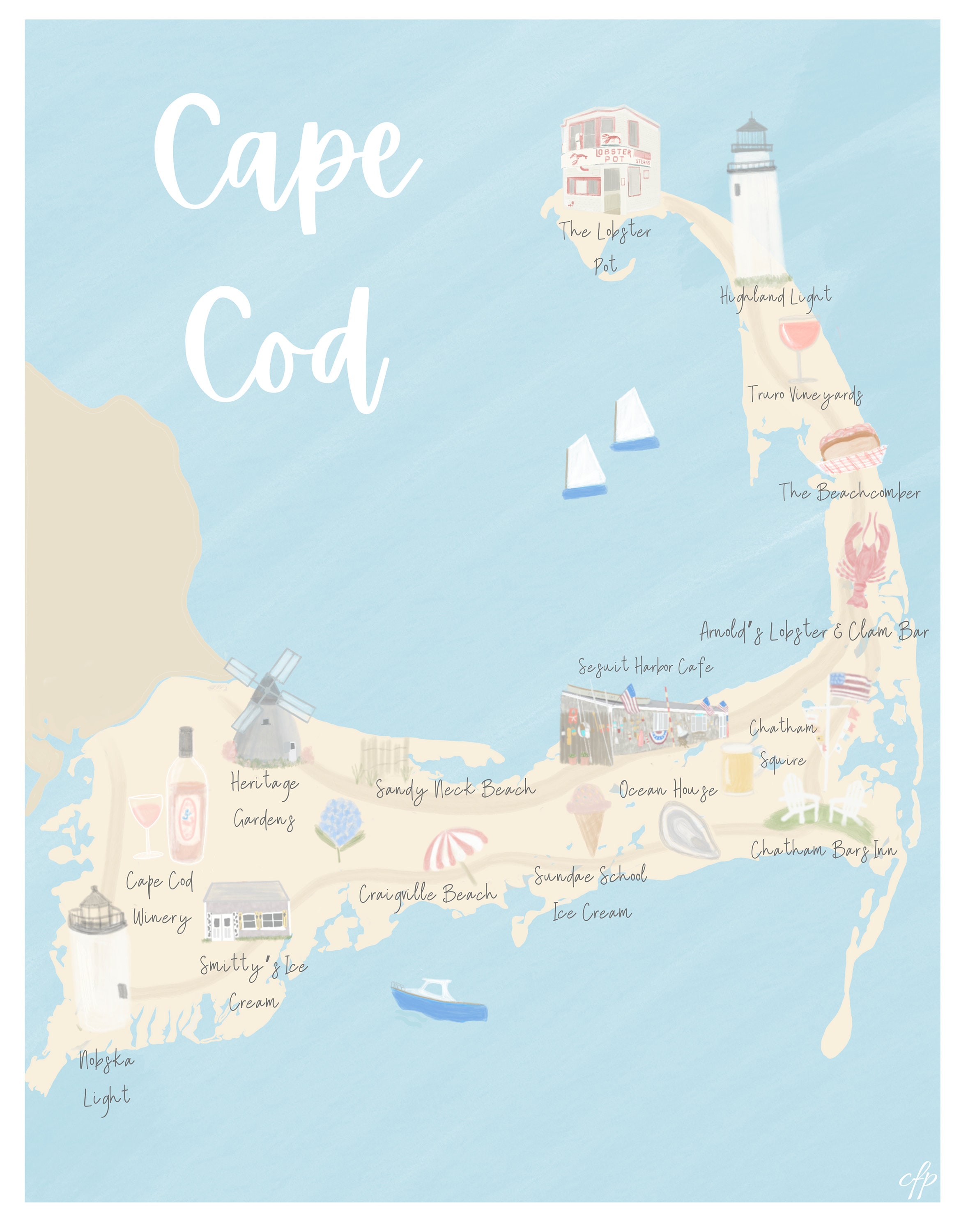 Cape Cod Illustrated Map Cape Cod Map Illustration Cape | Etsy