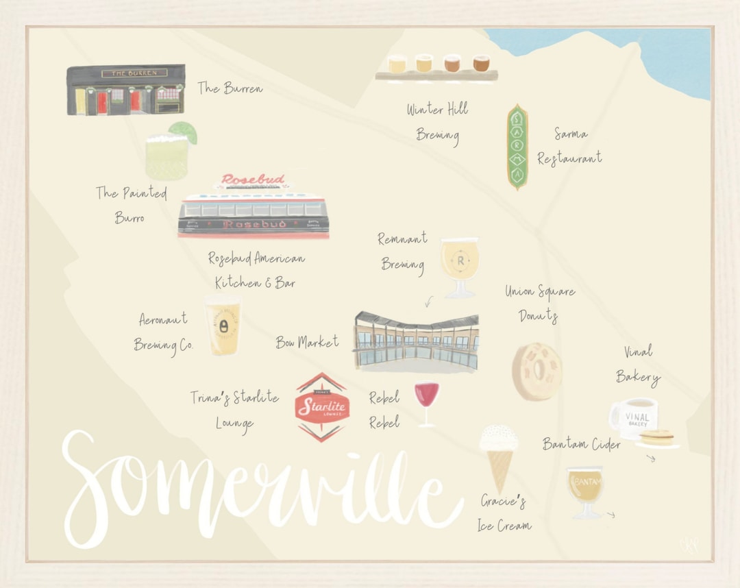Somerville Illustrated Map Print | Massachusetts Wall Art ...
