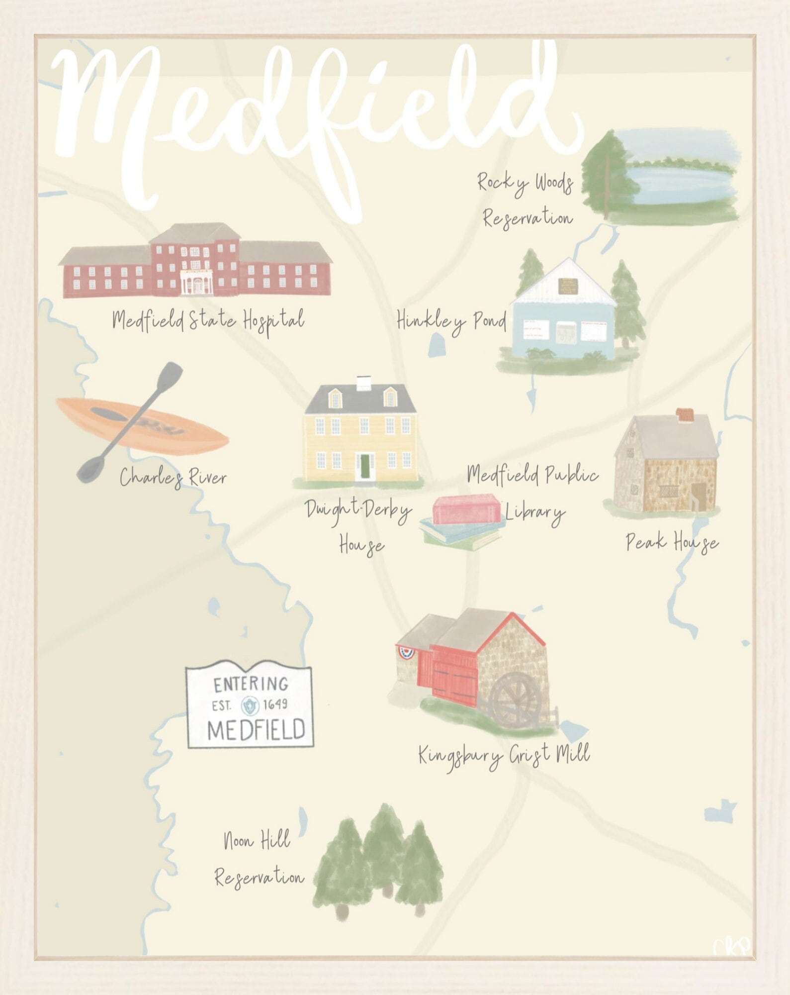 Medfield Massachusetts Illustrated Map Print | Housewarming Gift ...