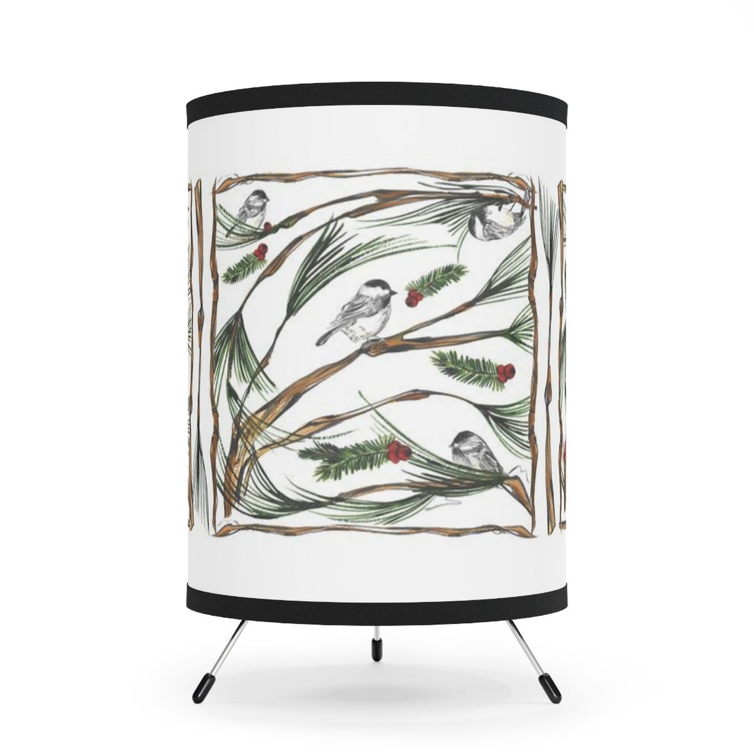 Decorative Table or Desk Lamp - Chickadees on Pine Boughs Motif ...