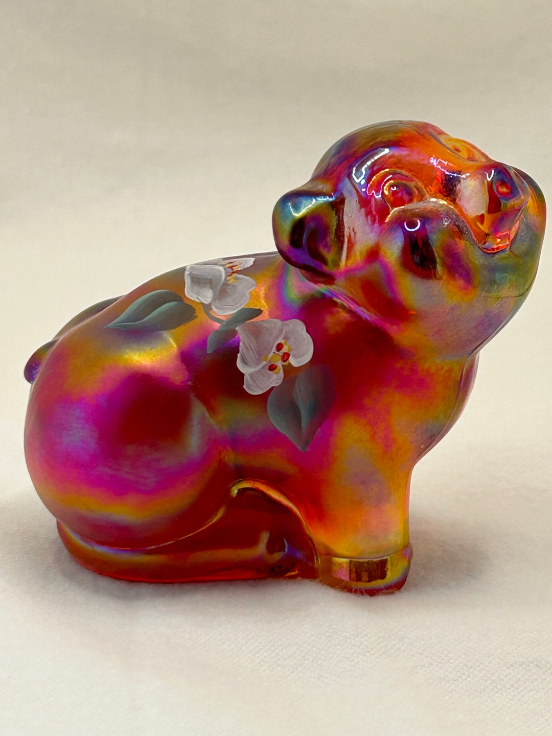 Fenton Sitting Pig in Red Carnival Hand Painted Damask Rose - Etsy