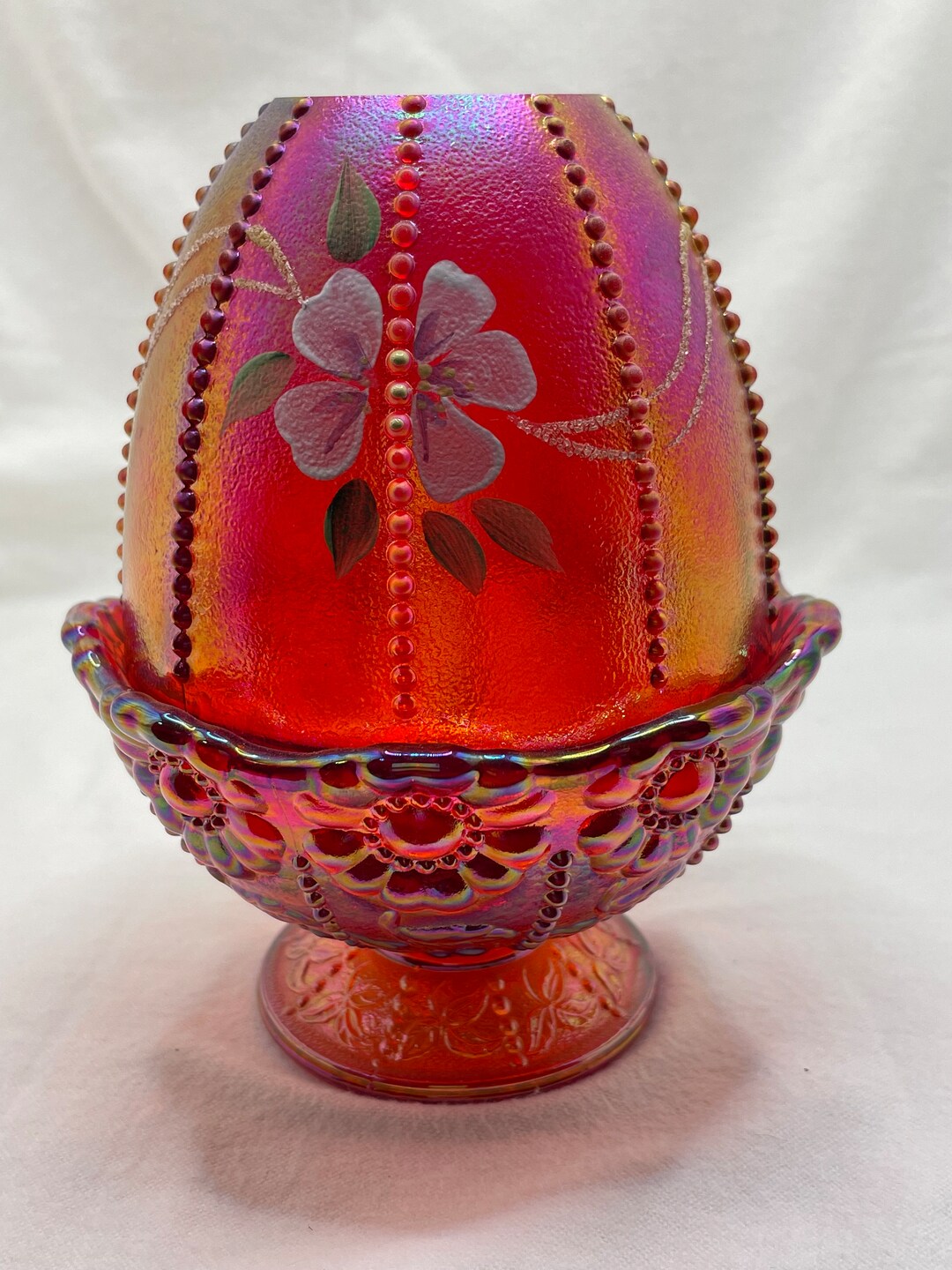 Fenton Ruby Carnival Hand Painted Buttercups and Berries Beaded Fairy ...
