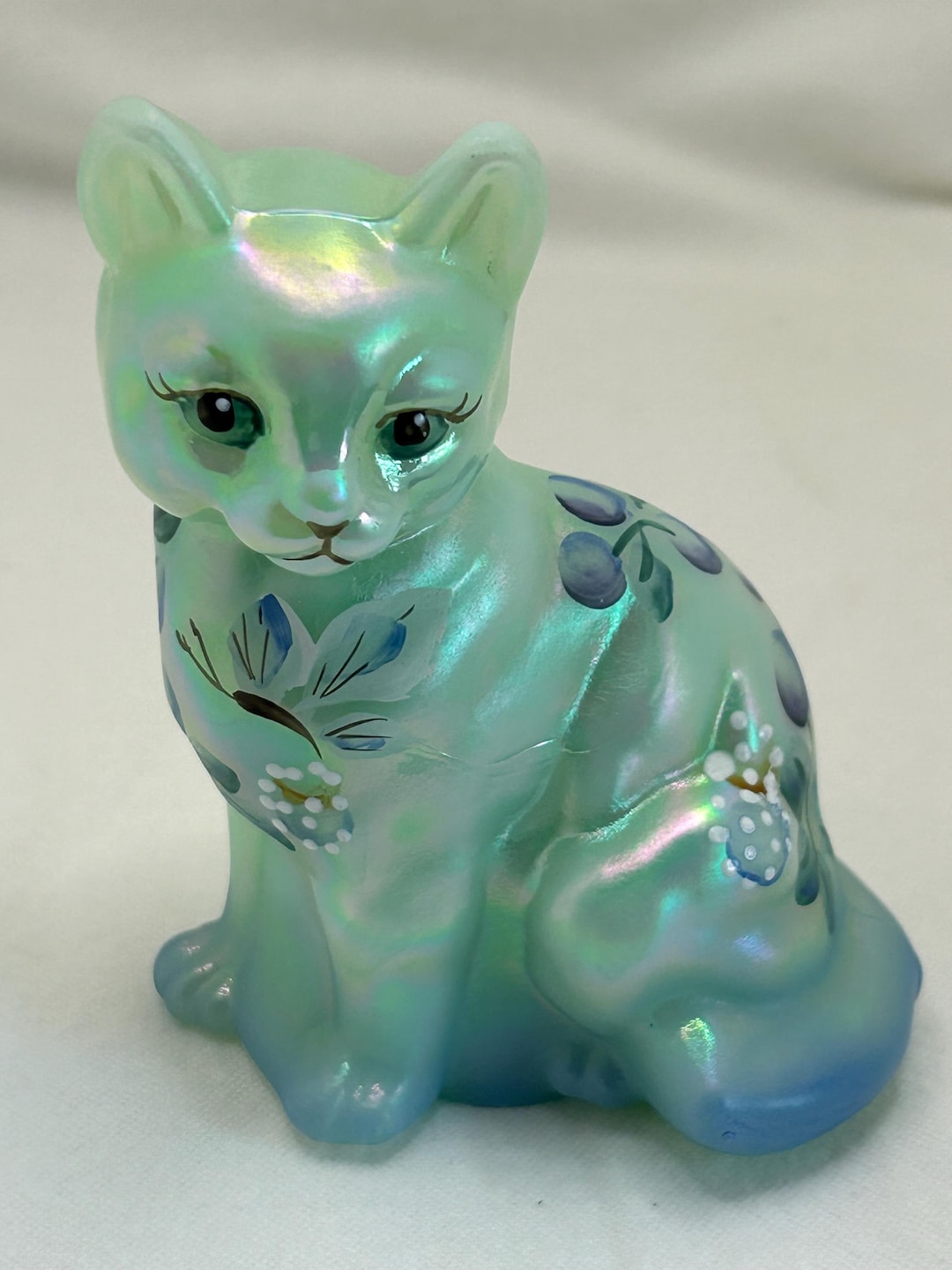 Fenton Sitting Cat Sea Green Satin Hand Painted Floral Interlude - Etsy